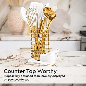 White Silicone and Gold Cooking Utensils Set with Gold Utensil Holder: 17PC Set Includes White & Gold Measuring Cups and Spoons Set,White Utensils Set,Gold Spatula,Gold Whisk -Gold Kitchen Accessories