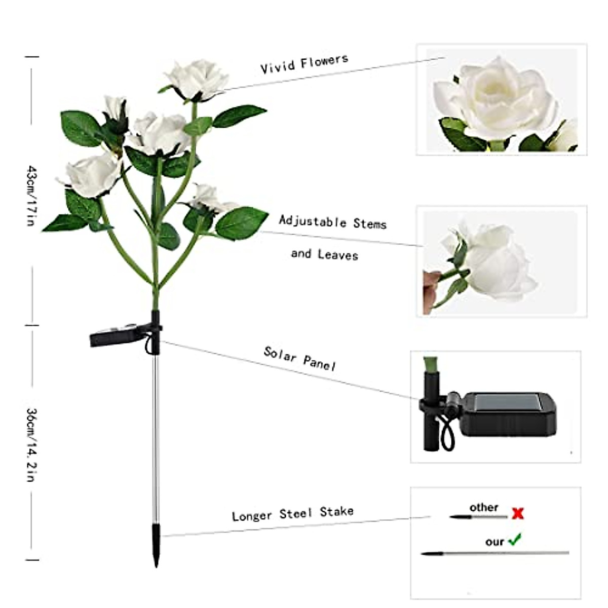 Rockabyee 2 Pack Solar Rose Flower Lights, Solar Rose Stake Lights Outdoor Waterproof for Garden, Patio, Lawn, Yard, Party, Wedding (White)