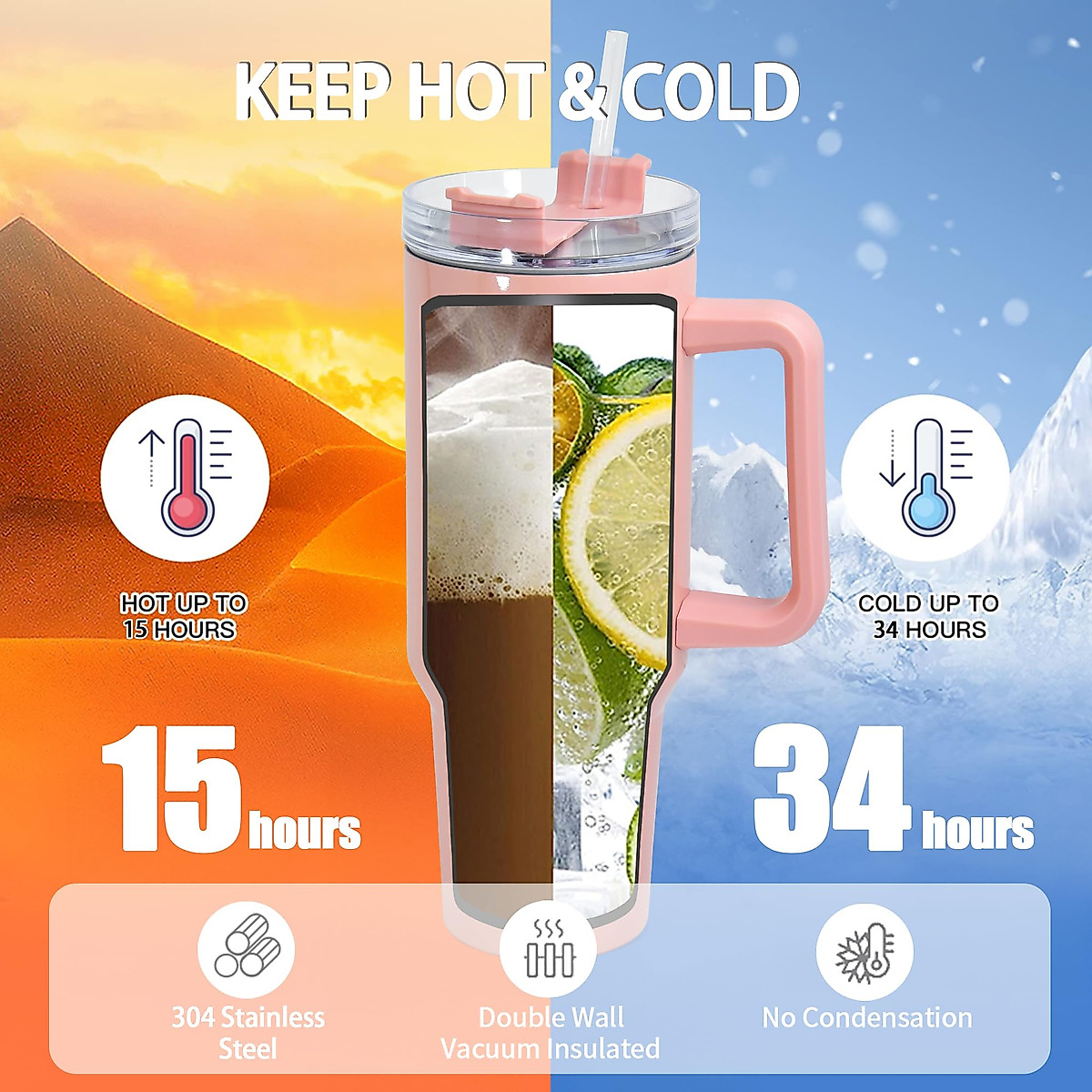 FECBK 40 oz Sublimation Tumbler with Handle 2 Pack Sublimation Tumblers Blanks with Straw and Lid Stainless Steel Insulated Travel Mug Cups for Keep Hot/Cold Hours, DIY Gift(Macaron-Pink)