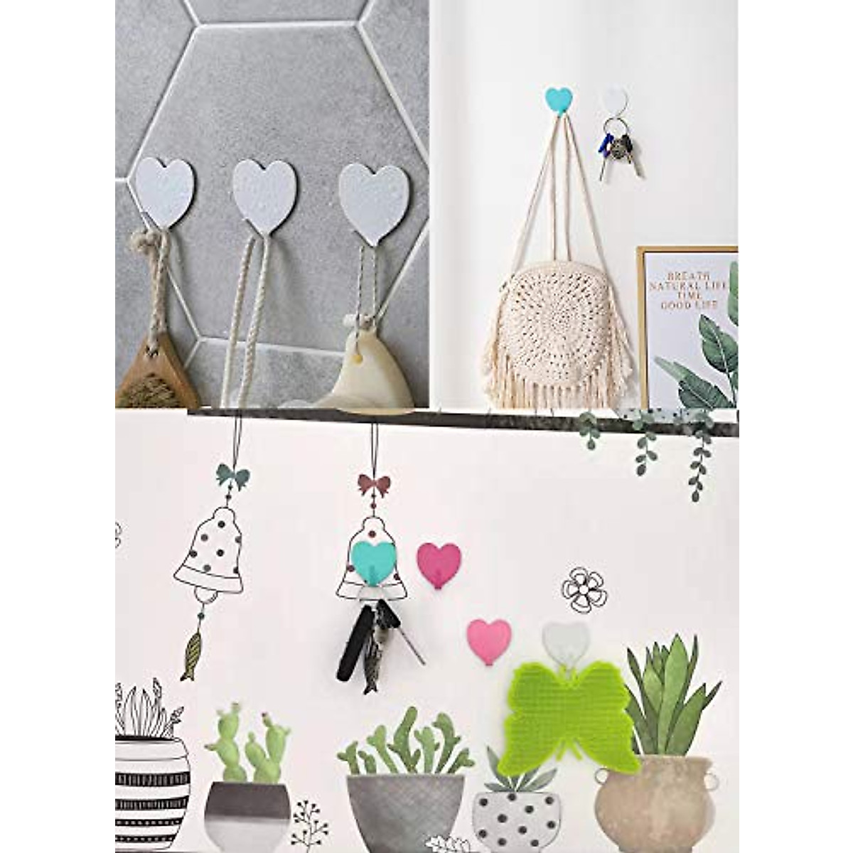 Adhesive Hooks Heart Shape Wall Hooks Hangers Heavy Duty Waterproof Creative Sticky Hanger Hook for Kitchen Utensils, Keys, Robe, Coat, Towel, Bags (Pack of 12)