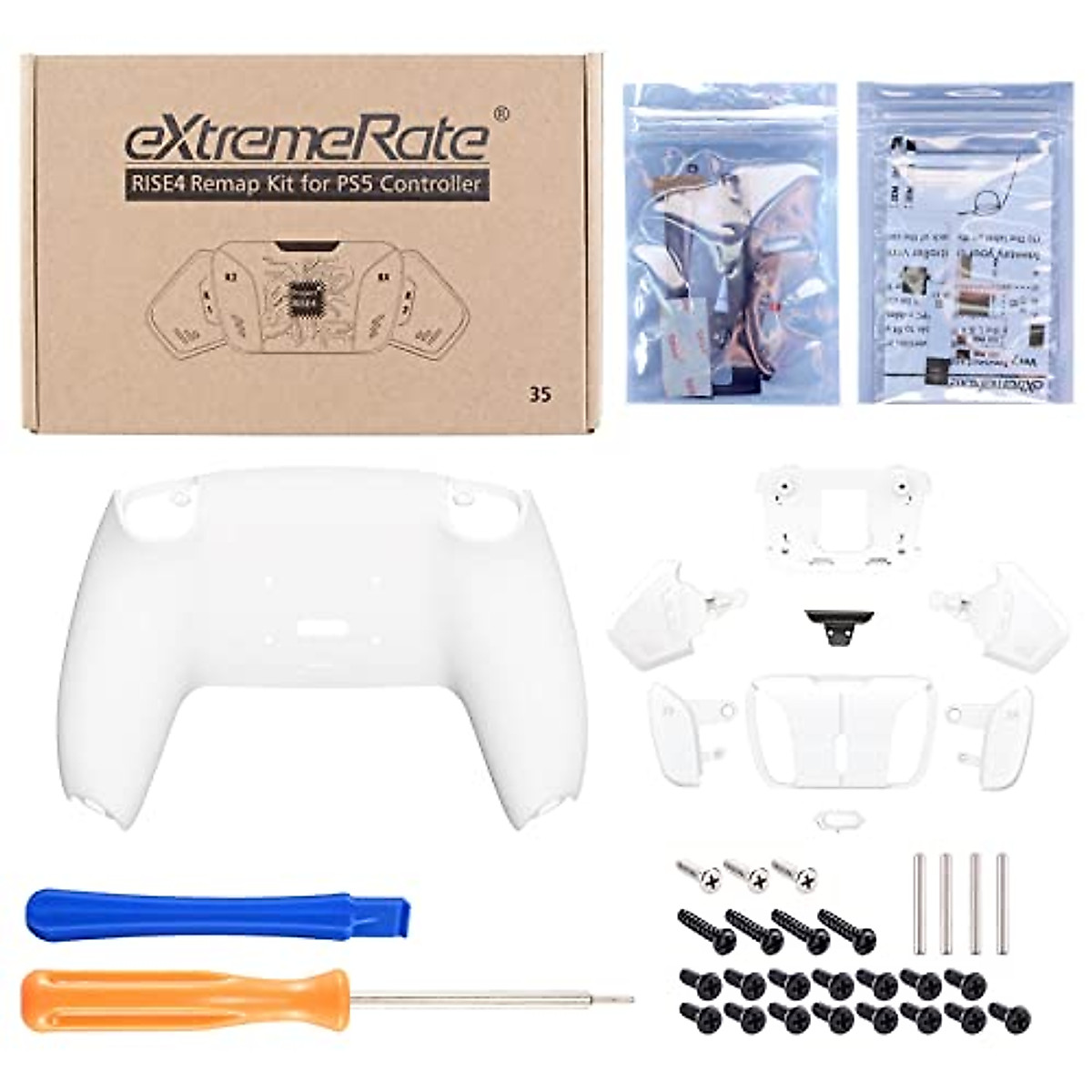 eXtremeRate White Programable RISE4 Remap Kit for PS5 Controller BDM 010 & BDM 020, Upgrade Board & Redesigned Back Shell & 4 Back Buttons for PS5 Controller - Controller NOT Included