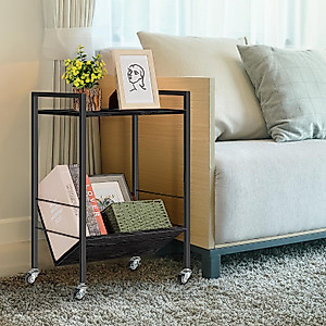 MOOACE End Table, Side Table, Printer Stand with Wheels, Nightstand, 2-Tier Storage Shelf, Bedside Sofa Table for Small Space, Living Room, Bed Room, Black
