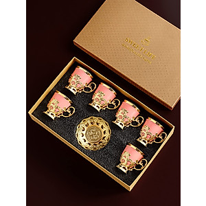 CMDHY Espresso Turkish Coffee Cups and Saucers for Women Tea Cups Set of 6 with Gift Box 2.8 Ounces (White-Golden)