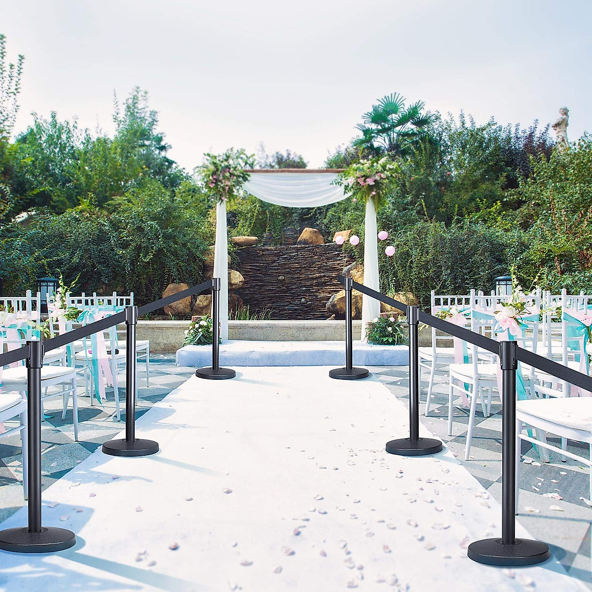 Yaheetech Retractable Belt Stanchion Set, Baking Varnished Safety Stanchion Post for Queuing Lines Black 8 Pack