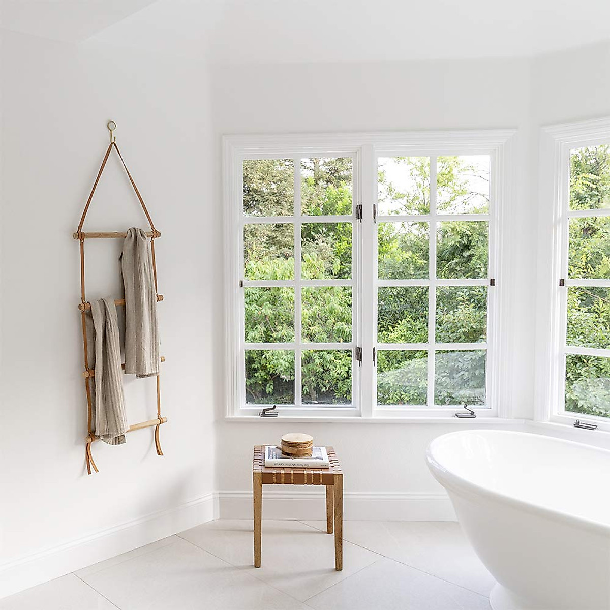 Sandstone & Sage Wall Hanging Blanket Ladder with Leather Straps | Handcrafted Decorative Wooden Ladder Shelf Made from Sustainable Wood | Boho Farmhouse Decor Throw or Towel Ladder 5 ft Total Length