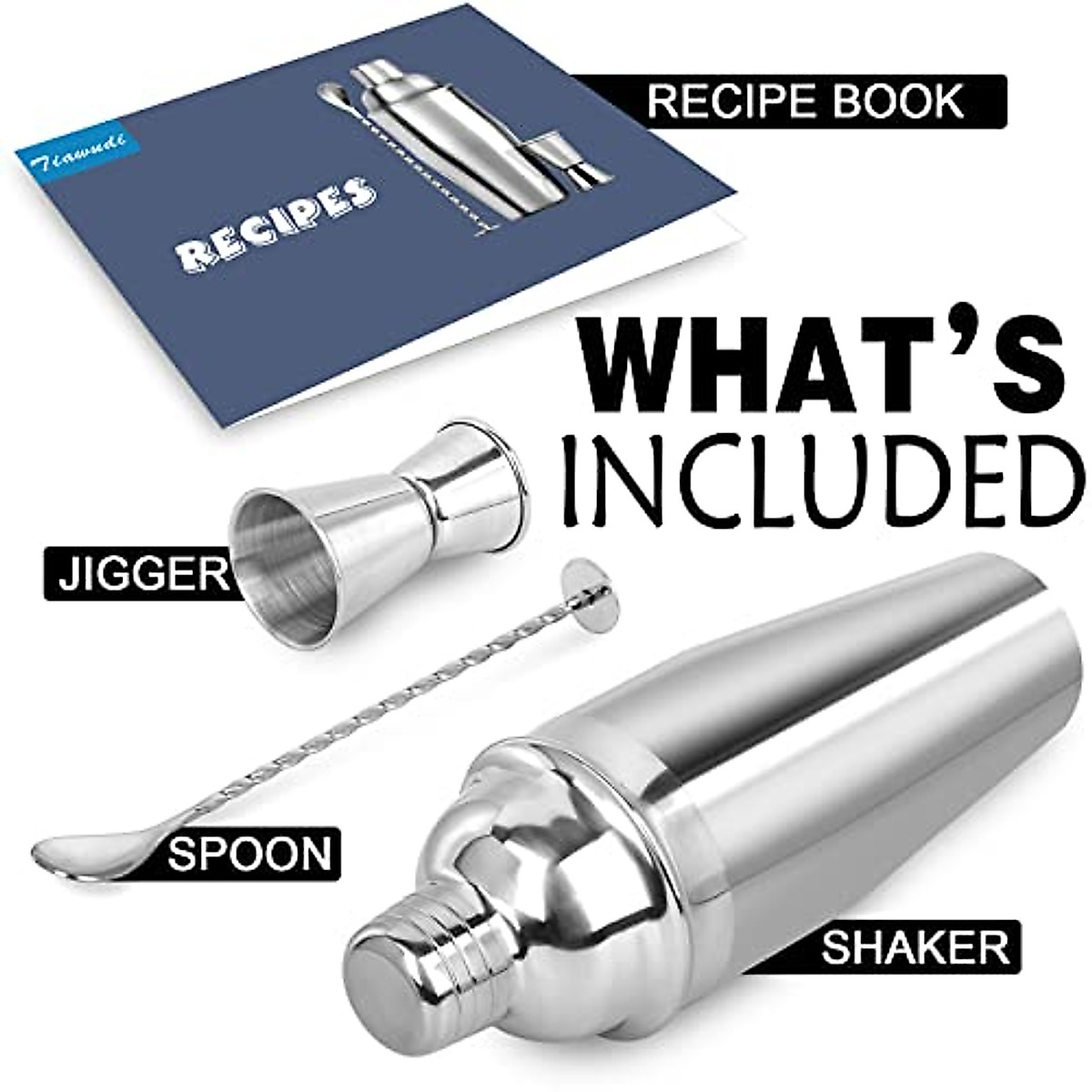 Large 24oz Cocktail Shaker Set, Stainless Steel 18/8 Martini Mixer Shaker with Built-in Strainer, Measuring Jigger & Mixing Spoon, Professional Martini Shaker Set, Perfect for Bartender and Home Use