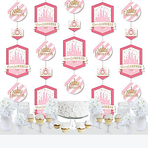 Big Dot of Happiness Little Princess Crown - Pink and Gold Princess Baby Shower or Birthday Party DIY Dangler Backdrop - Hanging Vertical Decorations - 30 Pieces