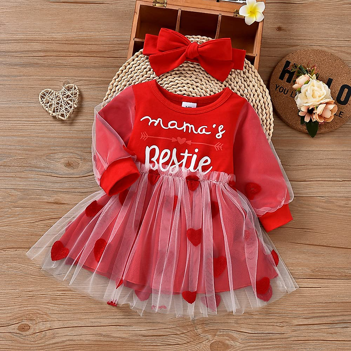 Infant Girls Dresses Double Tulle Long Sleeves Dresses+Bow Headband 3D Heart Applique Valentines Day Baby Clothes (Red Dress,3-6 Months)