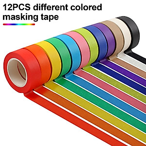 Guirnd 12PCS Colored Masking Tape, Kids Art Supplies Colored Tape, DIY Craft Tape, Colored Tape Rolls, Colored Painters Tape 2.5cm x 12m (1In x 13Yards)