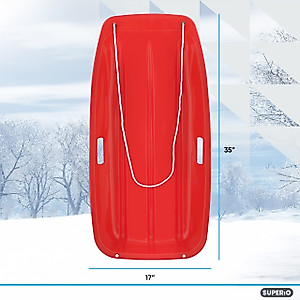 Superio Toboggan Snow Sleds for Kids and Adults, 35" Long (2 Pack) Plastic Sled with 2 Handles and a Pull Rope, Winter Snow Fun(Red)
