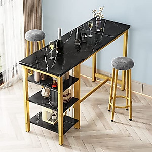 AWQM Bar Table Set with Storage Shelves, 47" Modern Black Faux Marble Breakfast Table with 2 Velvet Stools, 3-Piece Dining Set for 2, Space Saving Table for Kitchen/Dinning Room/Living Room/Studio