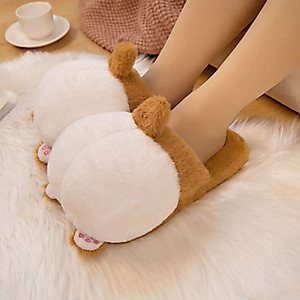 seemehappy Women Fuzzy Corgi Slippers Non-Slip Novelty Plush Animal Slippers Warm Comfy Bedroom House Shoes Gift-Brown