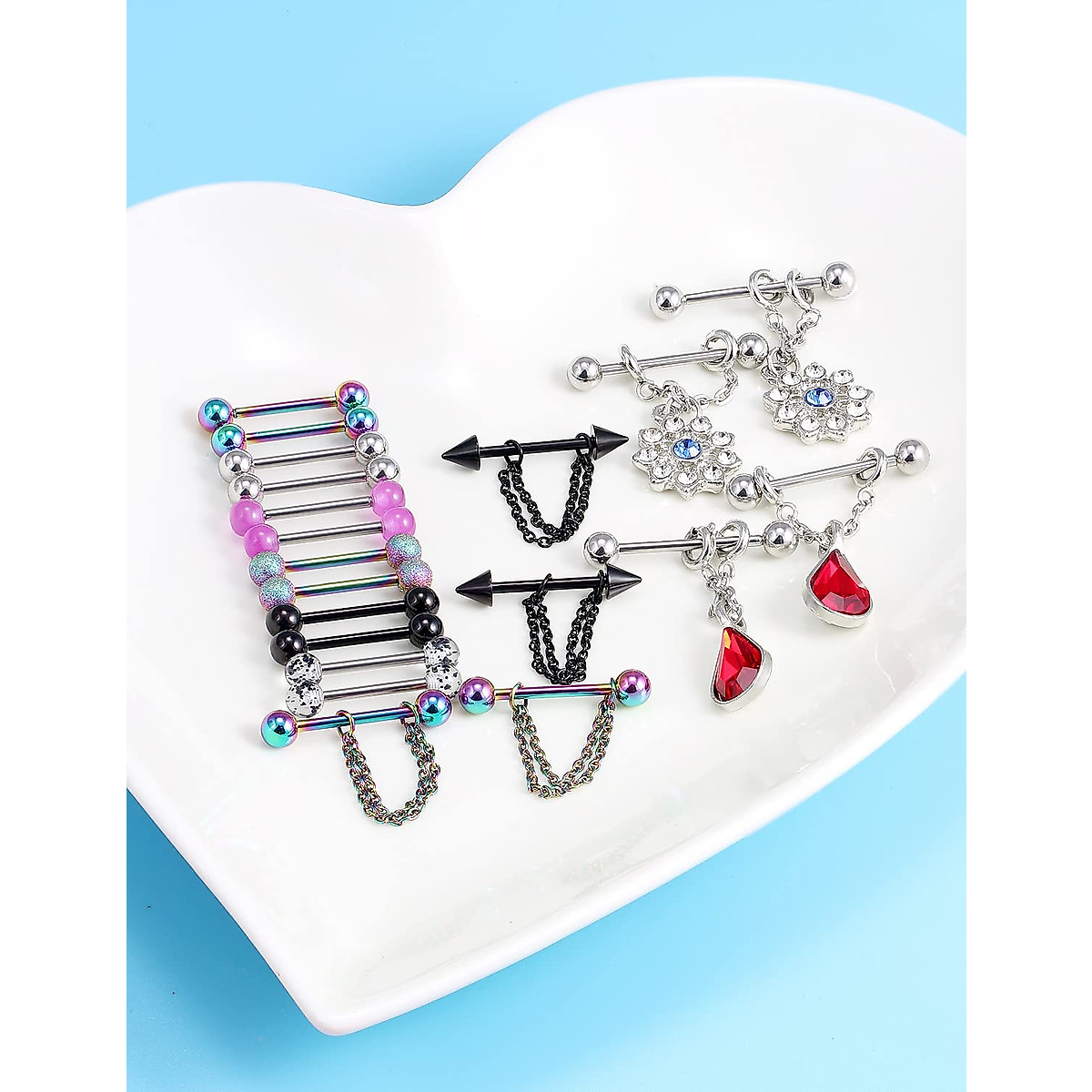 Ylqjksk Nipple Rings 14G Surgical Steel Nipple Piercing Jewelry for Women Plastic Glow Dark Nipple Rings Acrylic CZ Diamonds Heart Chain Dangle Nipple Shield 14MM 9/16 Inch，Rainbow Purple Barbell