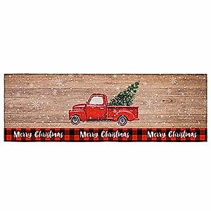 Runner Rugs And Mats 1 Pcs, Merry Christmas Red Truck with Xmas Tree Rustic Old Wooden Red Black Plaid Non Slid,Absorbent Kitchen Rug,Rubber Dots Backing Indoor Door Mat,Standing Mat 18x47.2 Inch