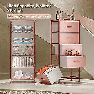 YILQQPER Dresser for Bedroom with 5 Drawers, Tall Storage Tower for Closet, Living Room, Nursery, Pink Dresser for Girl with Sturdy Steel Frame, Fabric Bins, Leather Finish, Wood Top, Pink