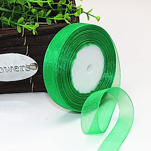 MUWOOB 1 inch Green Organza Ribbon, 50 Yards Sheer Chiffon Ribbons for Gift Wrapping, Bouquet, Garland, Bowknot, Hair, Crafts, Balloons, Party Decoration
