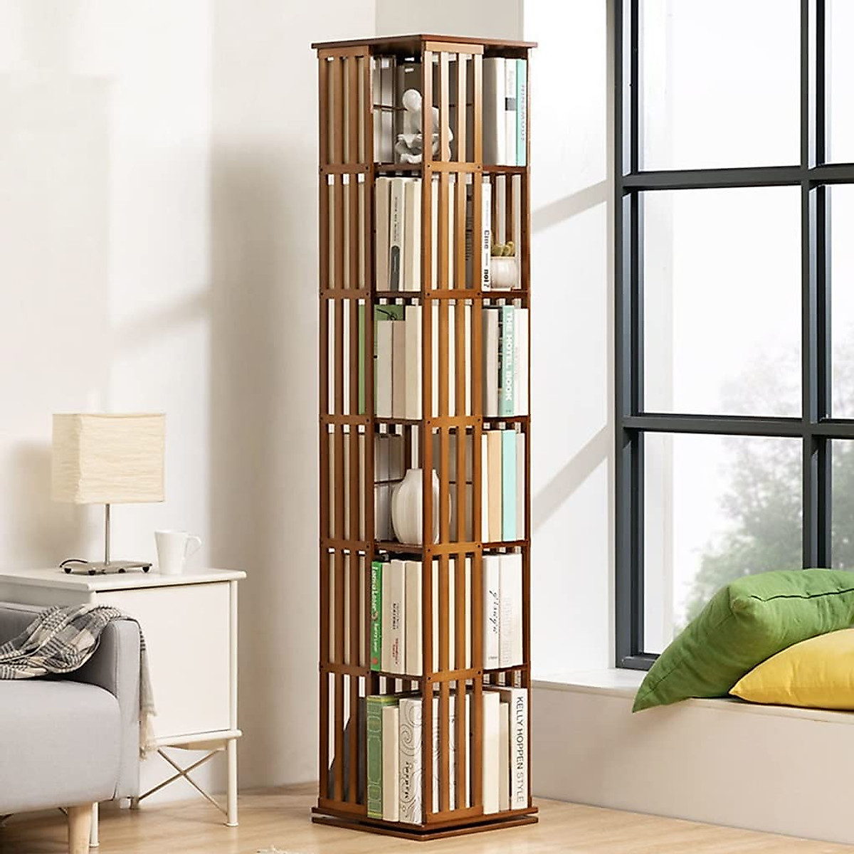 FLTRGO 6-Tier Corner Book Shelf, Student Bookshelf, 360° Bamboo Rotating Storage Display Rack Standing Shelves with Open Design Shelving for Living Room Study Room Office, Natural
