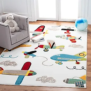 SAFAVIEH Carousel Kids Collection Area Rug - 8' x 10', Ivory & Blue, Non-Shedding & Easy Care, Ideal for High Traffic Areas for Boys & Girls in Playroom, Nursery, Bedroom (CRK167A)