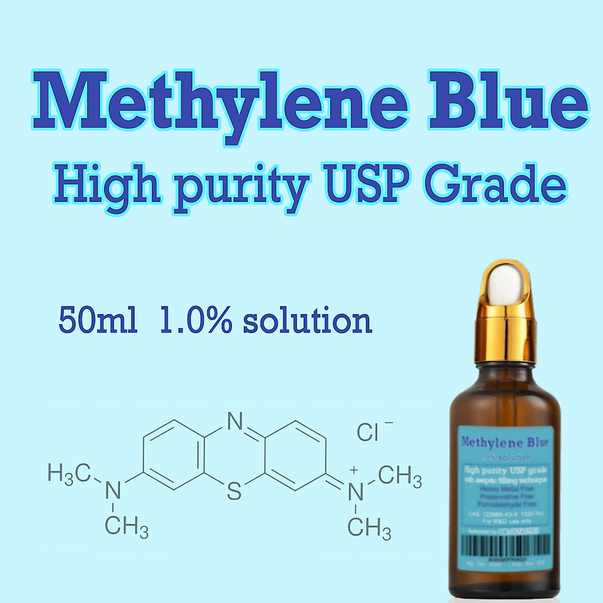 Methylene Blue USP Grade 1.0% Solution 50 mL (1.69 fl oz) High Purity with Aseptic Filling Techniques (Premium Dropper) 3rd Party Tested.