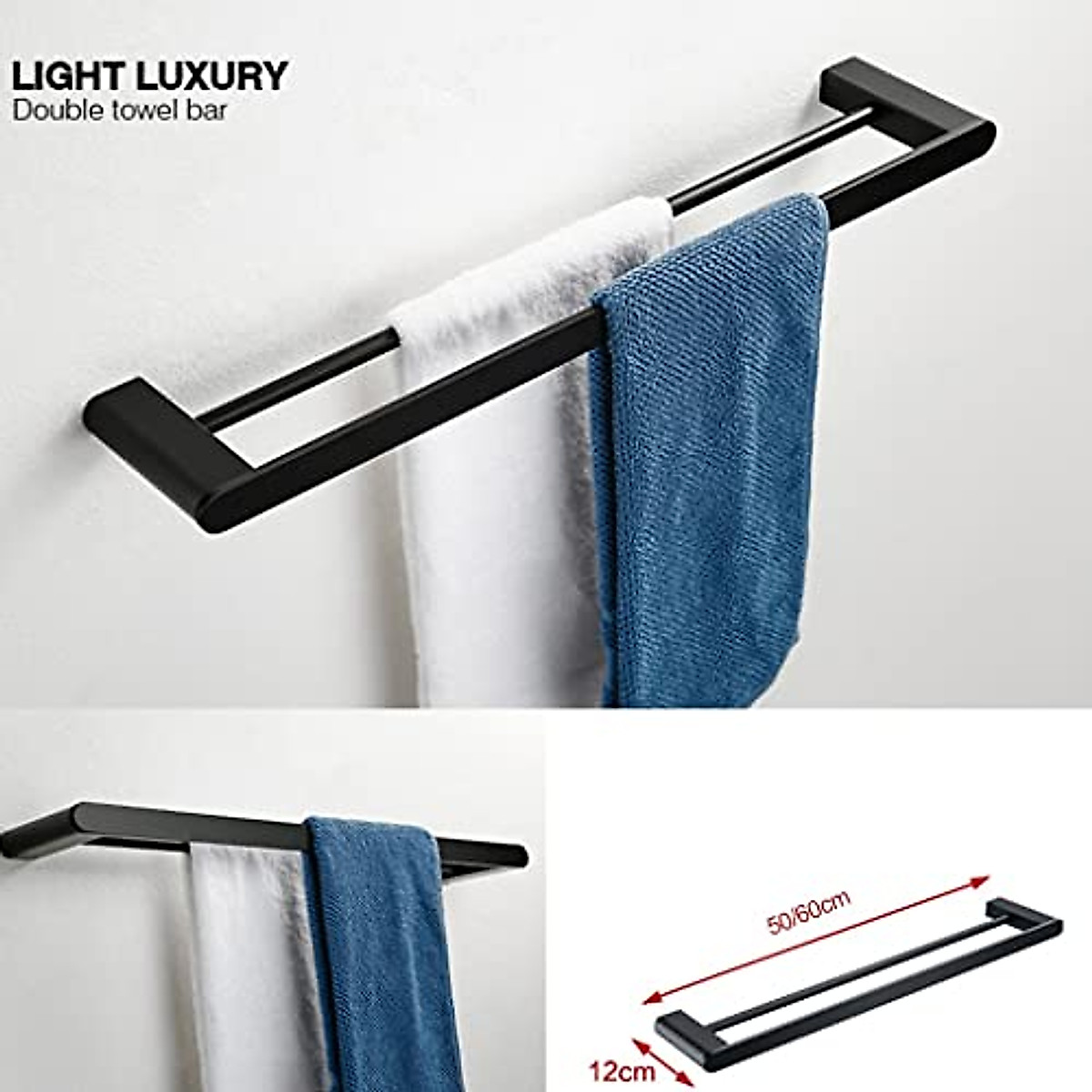 Bath Towel Bar Nordic Black 304 Stainless Steel Towel Rack, Double-bar Towel Rail, Toilet Rack, Bathroom Hardware Pendant Towel Holder (Color : 50cm)