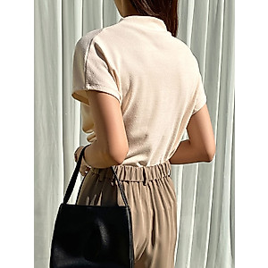 SweatyRocks Women's Casual Short Sleeve Mock Neck Tee Top Asymmetric Ruched Plain T Shirt Beige S