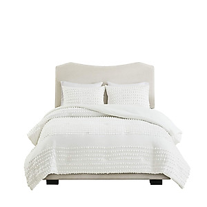 Comfort Spaces Cotton Comforter Set Jacquard Pom-Pom Tufts Design, Down Alternative, All Season Modern Bedding, Matching Shams, Full/Queen, Phillips, Ivory