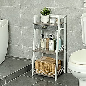 keomaisyto 3-Tier Bathroom Ladder Shelf, Floor Storage Shelf with Drawer, Freestanding Open Tower Shelving Unit for Bathroom Living Room Balcony（White）