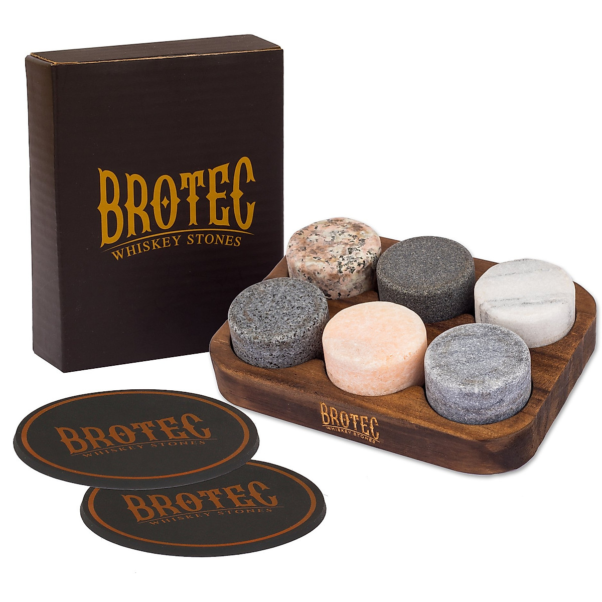 Whiskey Stones Gift Set - 6 Granite Round Beverage Chilling Drinking Stones Whiskey Rocks with 2 Extra Whisky Glasses Coasters - Premium Sipping Rocks in Elegant Wooden Storage Tray - Bar Accessories