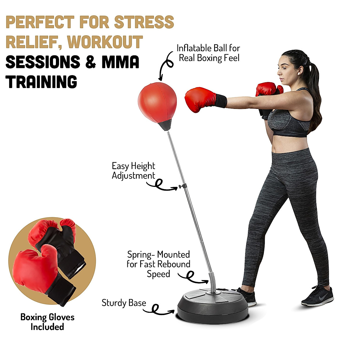 Punching Bag with Stand, Boxing Bag for Teens & Adults - Height Adjustable - Speed Bag for Training, Boxing Equipment, Stress Relief & Fitness