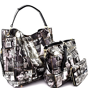 Michelle Obama Magazine Cover Print Multi Pocket 3 in 1 Single Strap Hobo Purse Handbag Crossbody Bag Wallet SET (Patent Leather - BLACK/WHITE)