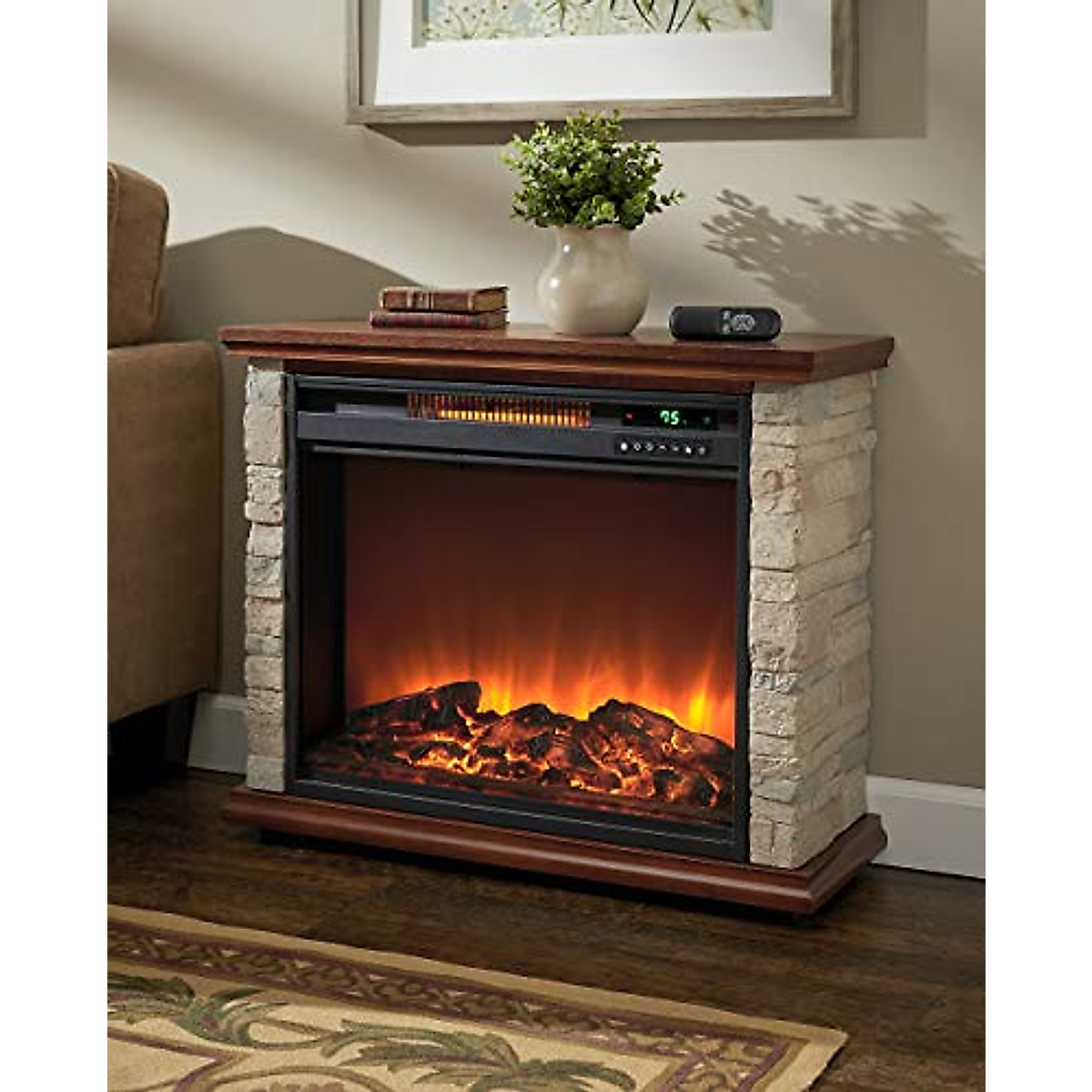 LifeSmart LifePro 1500 Watt Electric Infrared Quartz Fireplace Heater for Indoor Use with 3 Heating Elements and Remote, Faux Stone & Oak Wood