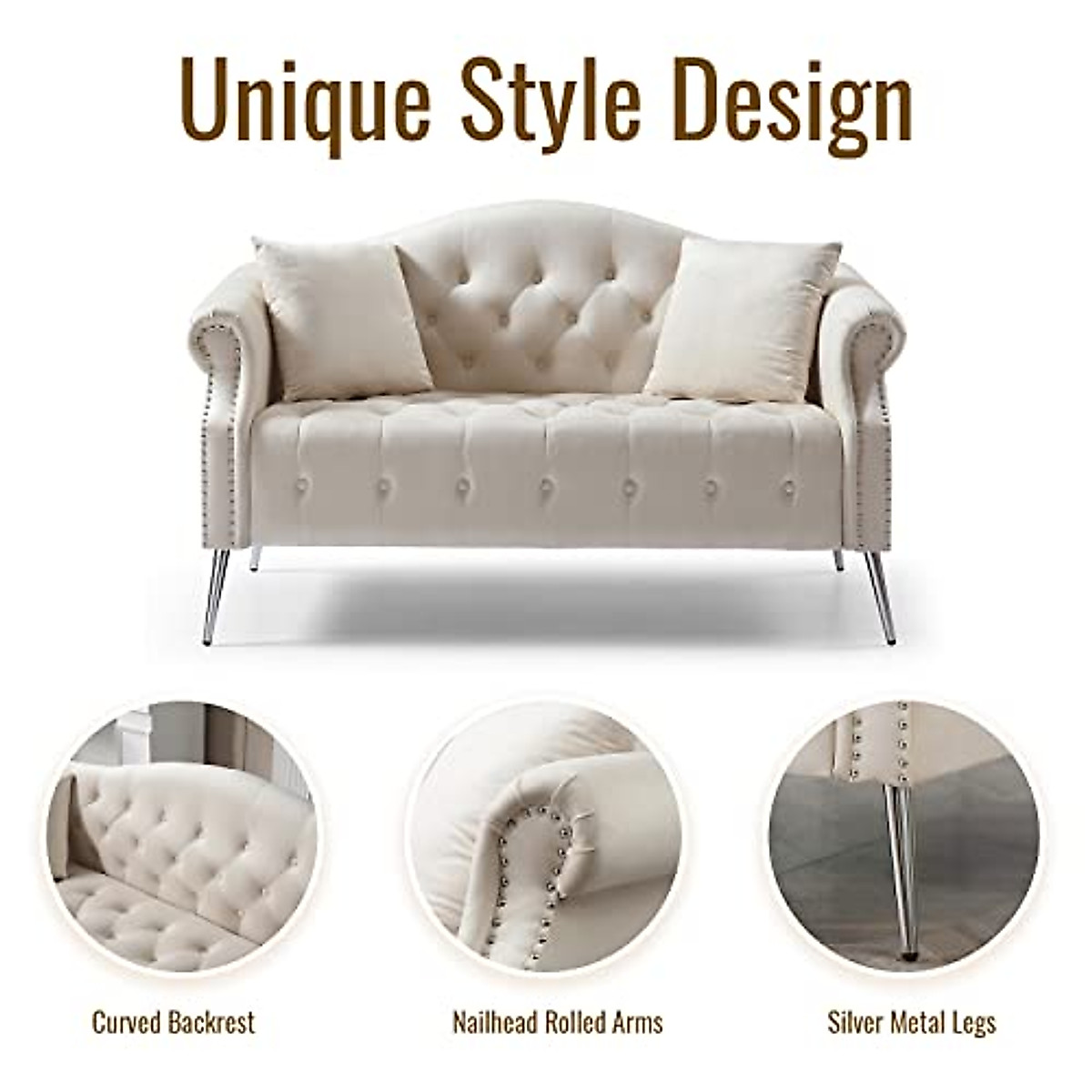 Homtique Velvet Loveseat Sofa for Living Room, Mid Century Modern Sofa Upholstered Button Tufted Rolled Arms and Metal Legs, 59.4" Small Sofa Couches for Small Spaces with 2 Pillows for Bedroom(Beige)