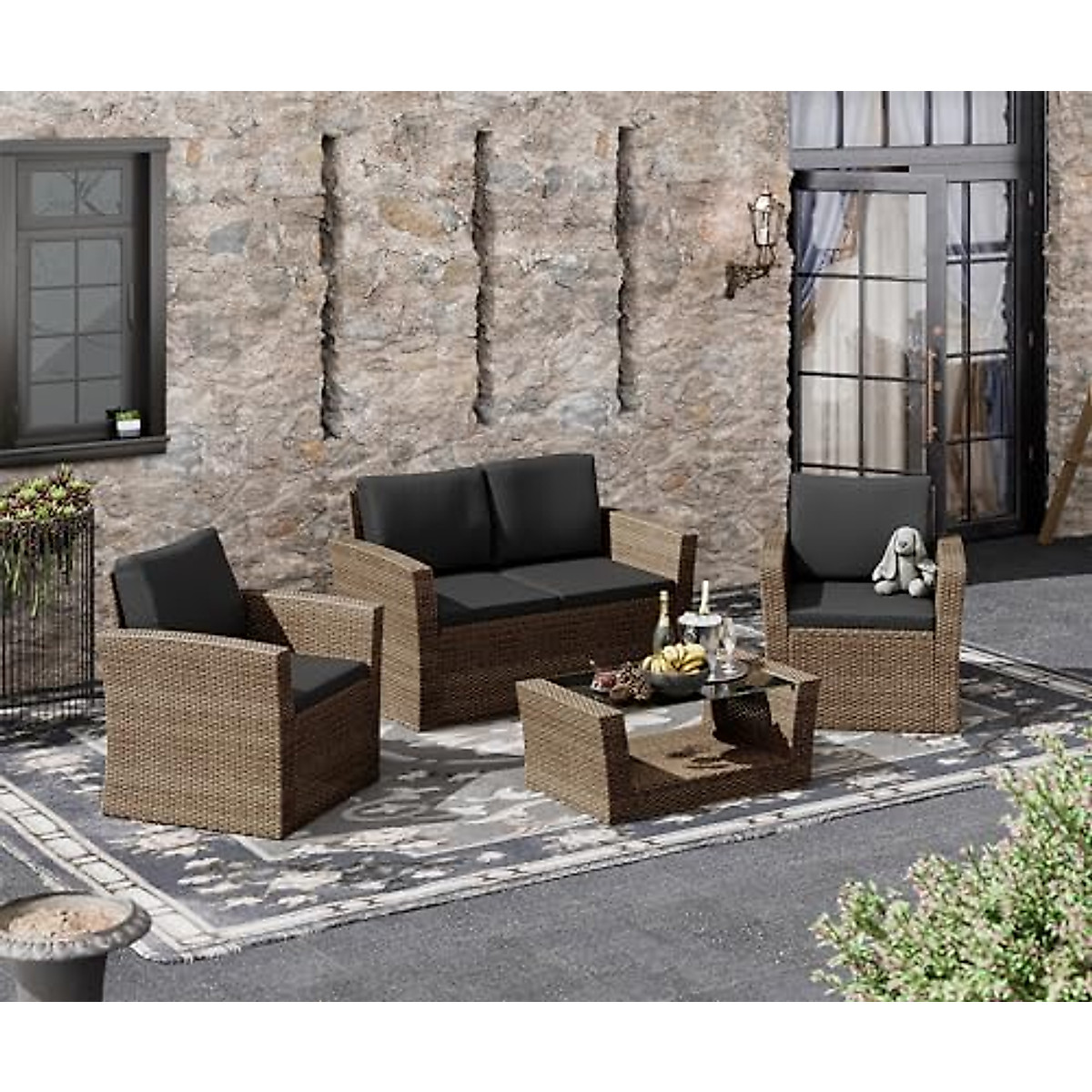 LHBcraft 4PCS Patio Furniture Set, Outdoor Conversation Sets with Rattan Chair Table, Wicker Loveseat Sofa Bistro for Garden, Pool, Backyard