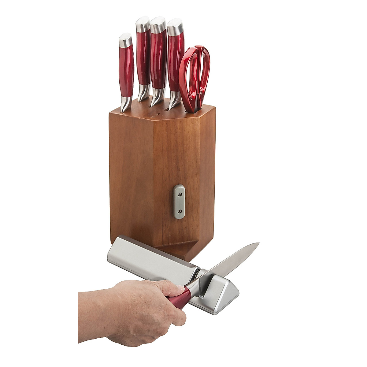 New England Cutlery 7- Piece Knife Block Set with Sharpener - Red