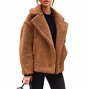 PRETTYGARDEN Womens 2024 Winter Fashion Sherpa Coats Lapel Fleece Jacket Long Sleeve Pockets Faux Fur Dressy Fall Outfits (Camel,Medium)