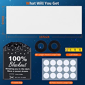 100% Blackout Blind White (157"x 59") Curtains Window Cove [DIY Cut to Any Size or Shape] [Hook & Loop Tabs][ Portable Bags for Travel ] [Light & UV Blocking ] for House,Baby Nursery,Apartment