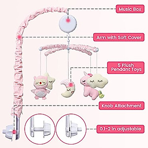 Baby Crib Mobile, Nursery Mobile for Crib with Music Motor Spinner, Musical Crib Toys for Infants 0-6 Months Girls and Boys, Crib Mount Mobiles with 36 lullabies, Pink
