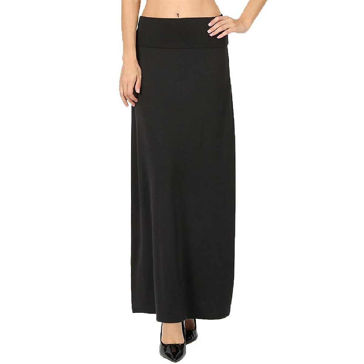 ShezPretty Women's Premium Fold Over High Waist Long Floor Length Maxi Skirt (Large, Black)