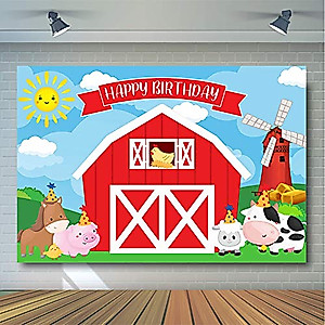 Avezano Farm Backdrop for Kids Birthday Party Decorations Red Barn Farm Animal Photography Background Cartoon Farm Animals Happy Birthday Party Banner Photoshoot Backdrops (7x5ft)
