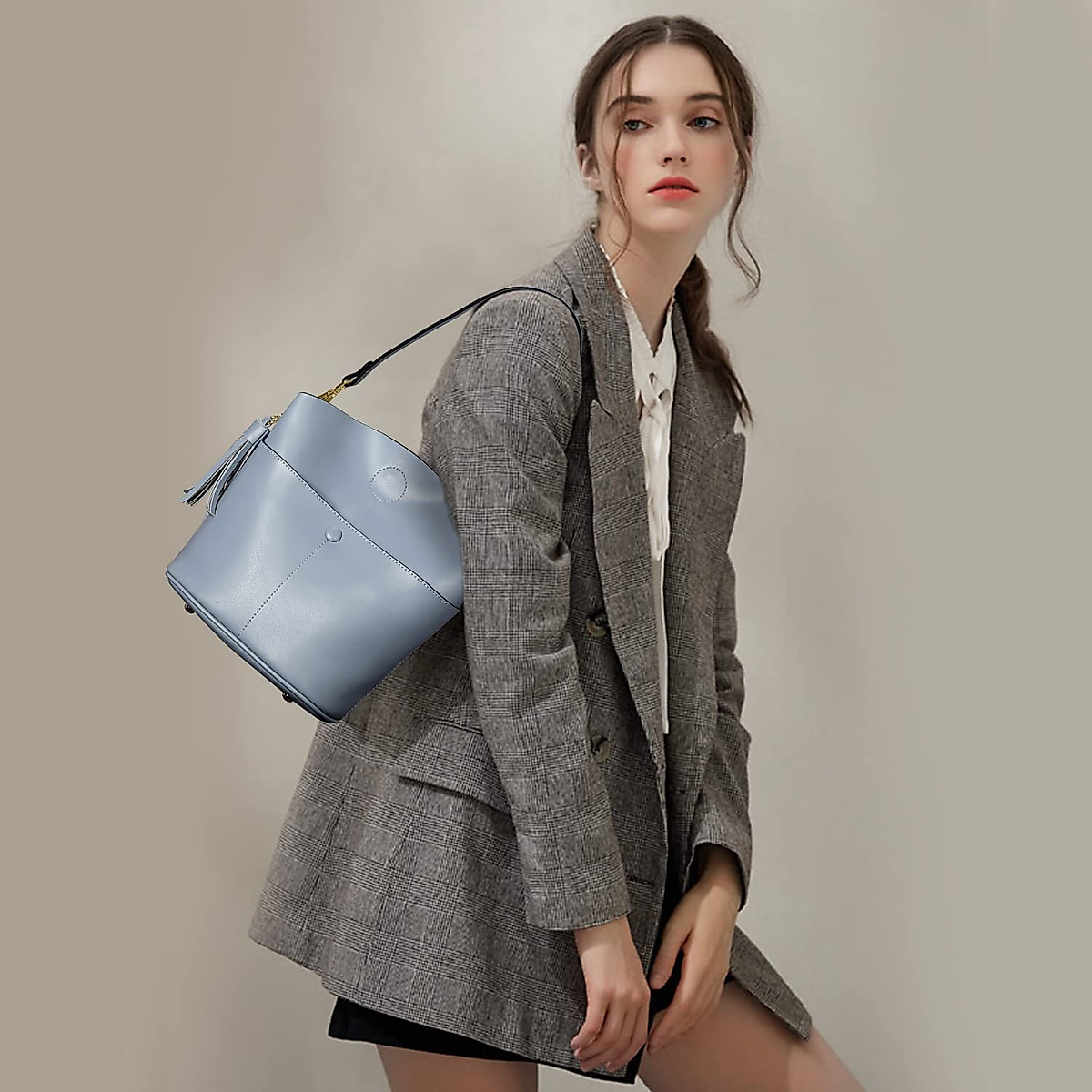 S-ZONE Women Small Cow Split Genuine Leather Crossbody Bucket Bag Shoulder Purse Handbag