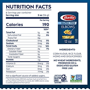BARILLA Gluten Free Elbows Pasta, 12 Ounce (Pack of 8) - Non-GMO Gluten Free Pasta Made with Blend of Corn & Rice - Vegan Pasta