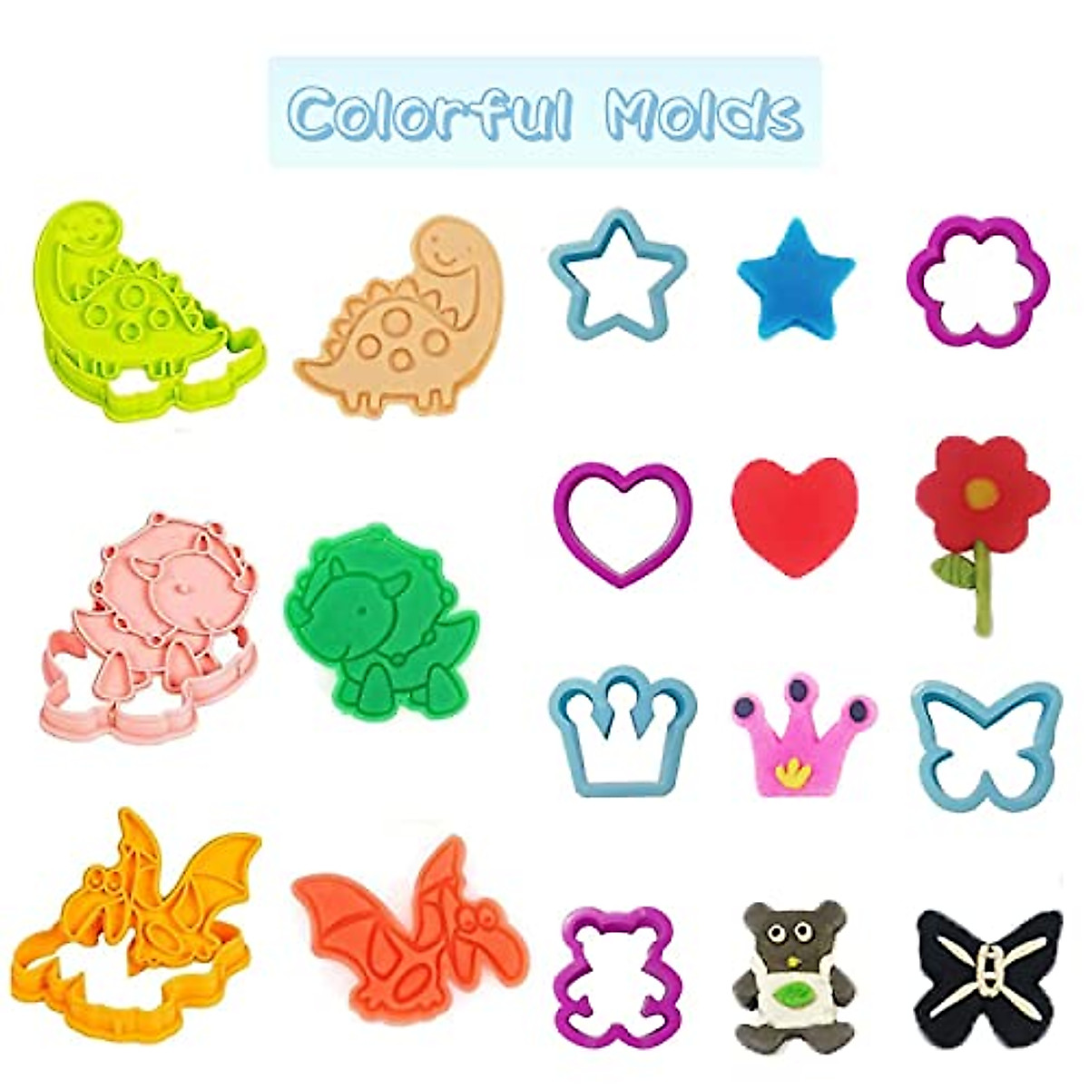 Jaeespon Dough Tools for Kids Play-41 Pieces Dough Play Set Accessories with Fruit Dinosaur Plastic Molds Roller Cutter Scissor, Preschool Arts Toys Kit Gift for Age 2-8 Girls Boys