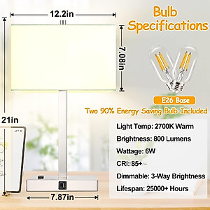 【Upgraded】21" Set of 2 Bedside Touch Control Table Lamp with USB A+C Charging Ports & AC Outlet, 3-Way Dimmable Modern Nightstand Lamp With White Shade for Bedroom, 2700K LED Bulbs Included
