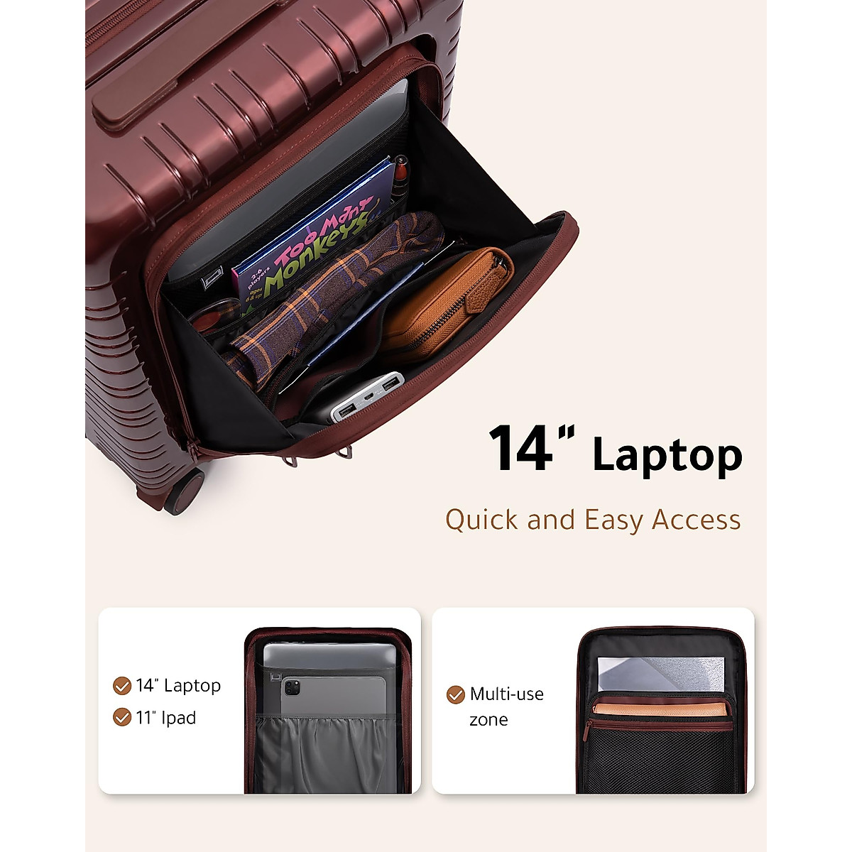 LUGGEX Carry On Luggage with Front Pocket, PC Hard Shell Suitcase with Spinner Wheels, Soft Front Flap with Multiple Pockets (Red, 21 Inch, 38L)