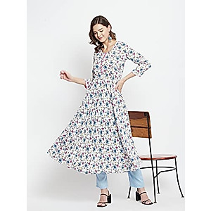 Tissu Women's Rayon White & Blue Floral Printed A-Line Kurta 2134_White_5XL