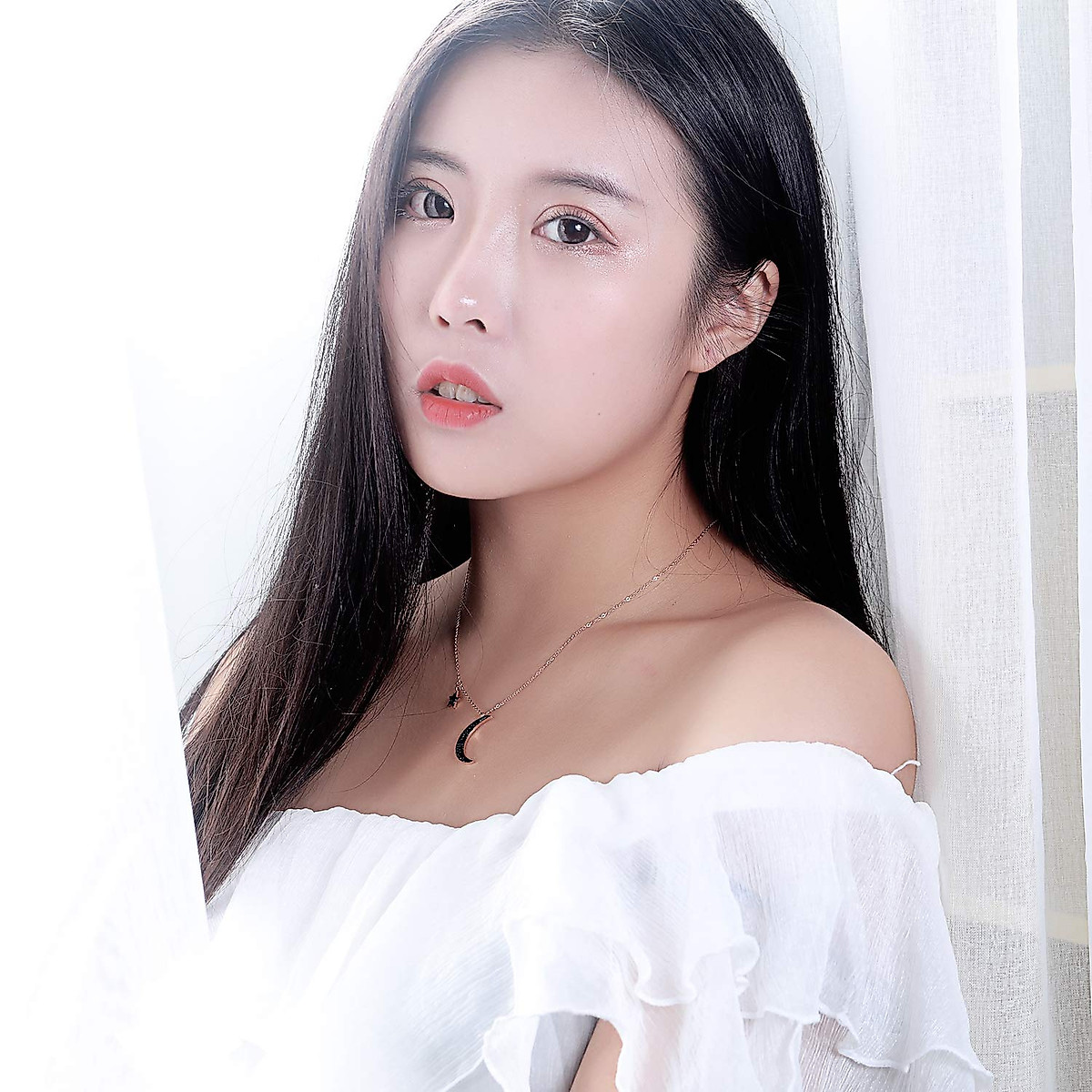 TEMICO Rose Gold Plated Stainless Steel Black Crystal Cubic Zirconia Star Moon Crescent Pendant Necklace for Women