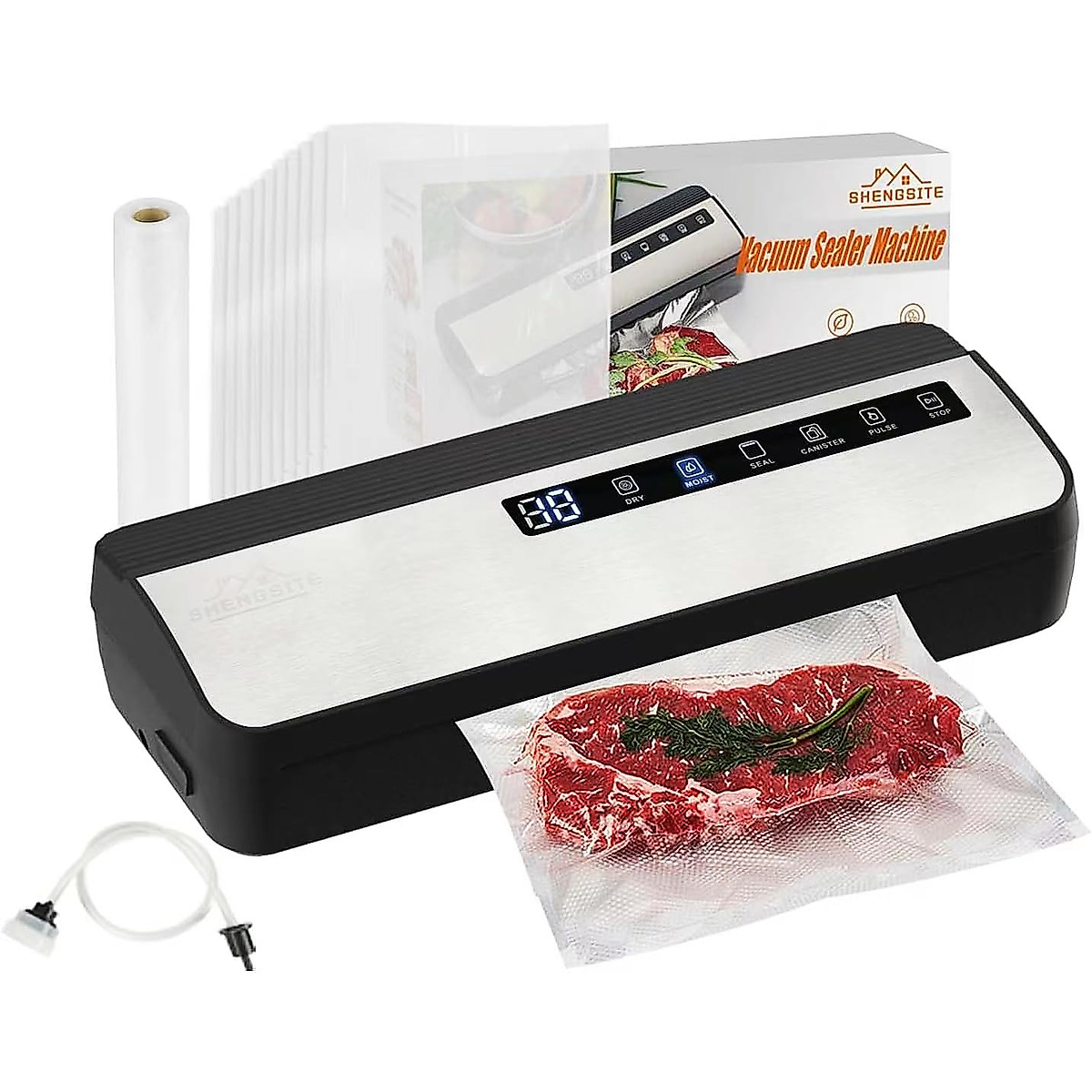 Shengsite Vacuum Sealer Machine, 6 in 1 Precision Food Vacuum Sealer with Built-in cutter, Led Indicator for Food Storage,Includes 10 Vacuum Seal Bags,1 Rolls Starter Kit& 1 Air Suction Hose
