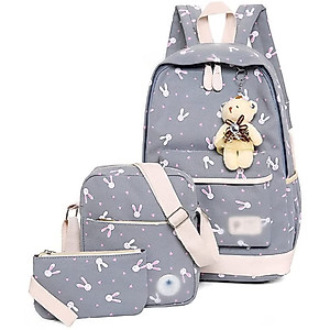 3Pcs Rabbit-Print Girls School Backpack for Elementary Middle Kids Bookbag with Pencil Case