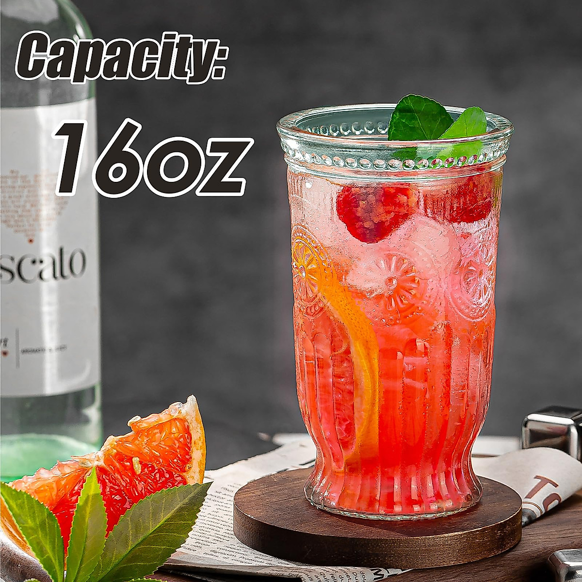 wookgreat Vintage Drinking Glasses, 12 pcs Embossed Designed Highball Glasses, 16oz Glass Cups, Tall Water Glass Tumbler, Mojito Cup, Cocktail Glass, Vintage Glassware Set for Juice, Cocktail, Whiskey