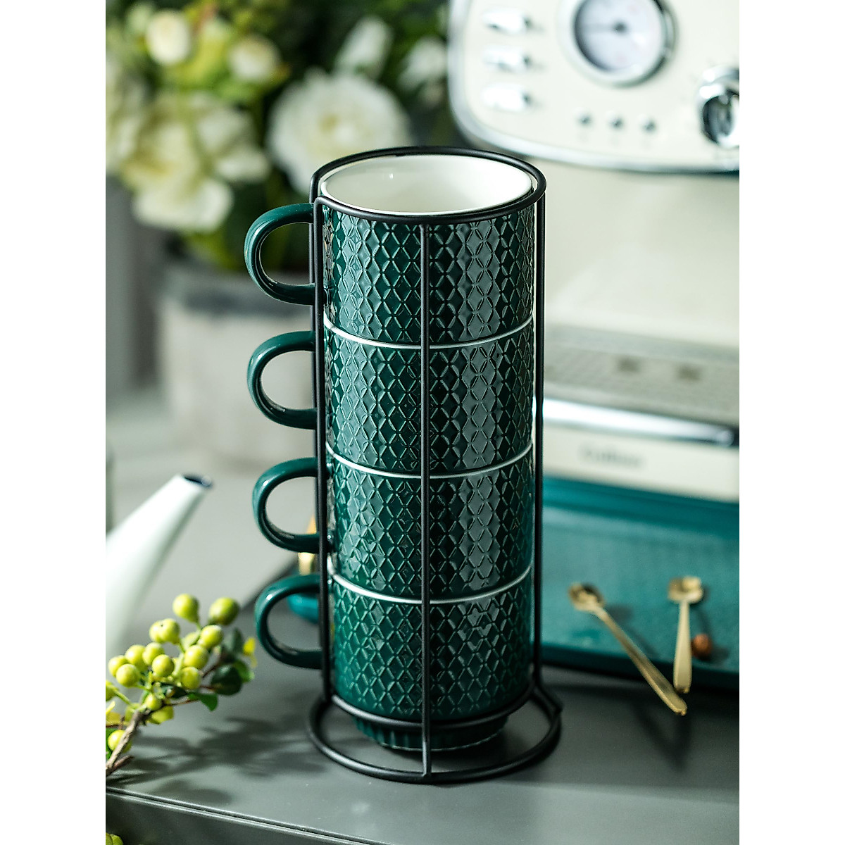 LYEOBOH Coffee Mug Set Porcelain Stackable Coffee Mugs with Stand and Spoons, 13 OZ. Cappuccino Cup Demitasse Cups for Drinks, Espresso, Latte,Set of 4, Dark Green